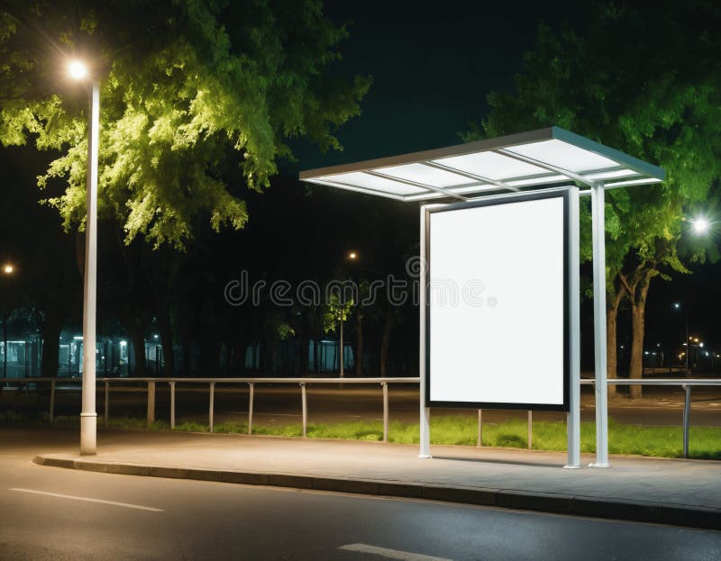 Blank Street Billboard Mockup at Night, Illuminated Bus Stop Ad Panel ...