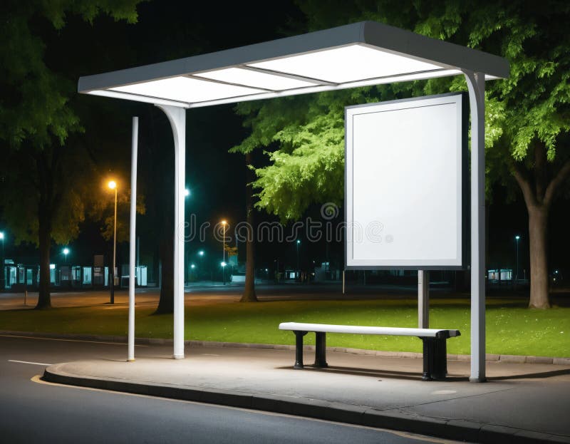 Blank Street Billboard Mockup at Night, Illuminated Bus Stop Ad Panel ...