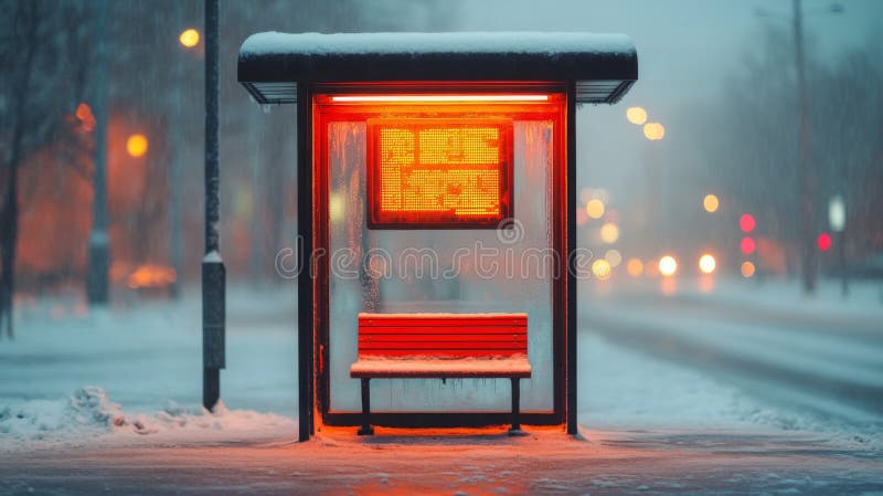 Illuminated Bus Stop Shelter in Snowy Winter Night Stock Illustration ...