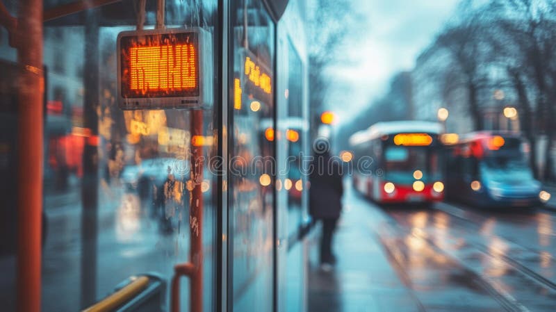 Illuminated Bus Stop Sign Reflecting City Traffic Stock Illustration ...