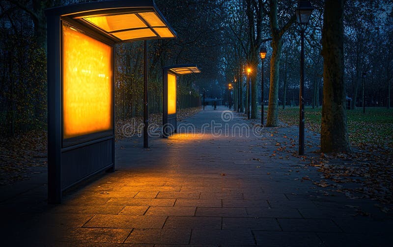 Illuminated Bus Stops Line a Quiet Park Pathway at Dusk with Glowing ...