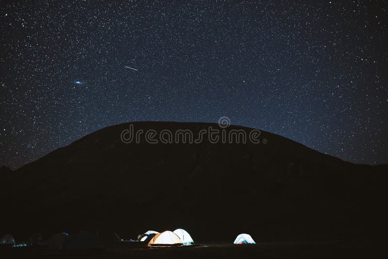 Illuminated Camping Tent Under Stars at Night Stock Photo - Image of ...