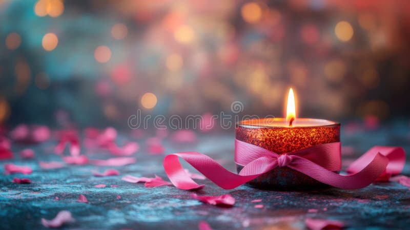 Illuminated Candle Adorned with Pink Ribbon and Petals Stock ...