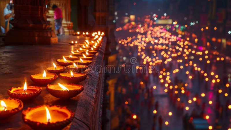 Illuminated Candles Line a Wall at Night with Blurred Crowd Stock Image ...