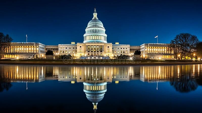 Illuminated Capitol Building Reflecting in Water at Twilight Creating a Mesmerizing Mirrored ...
