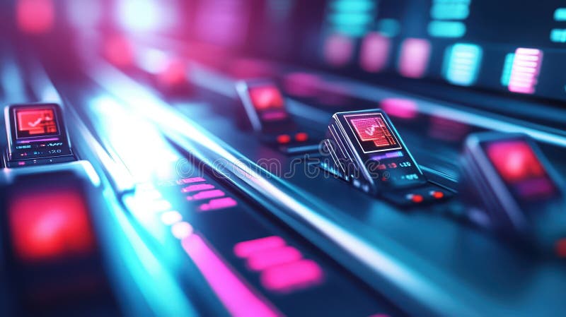 Illuminated Car Dashboard Closeup, Red and Blue Lights Highlight ...