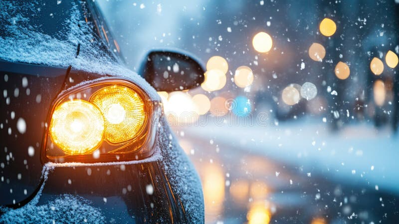 Illuminated Car Headlights in Falling Snow with Blurred City Lights in ...
