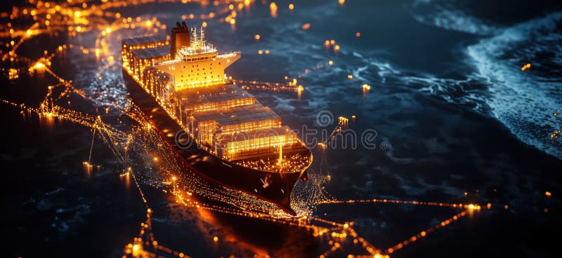 Illuminated Cargo Ship Navigating Waters, Intricate Light Patterns ...