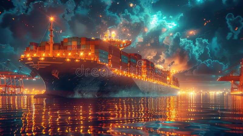 Illuminated Cargo Ship at Night - Generative Ai Stock Illustration ...