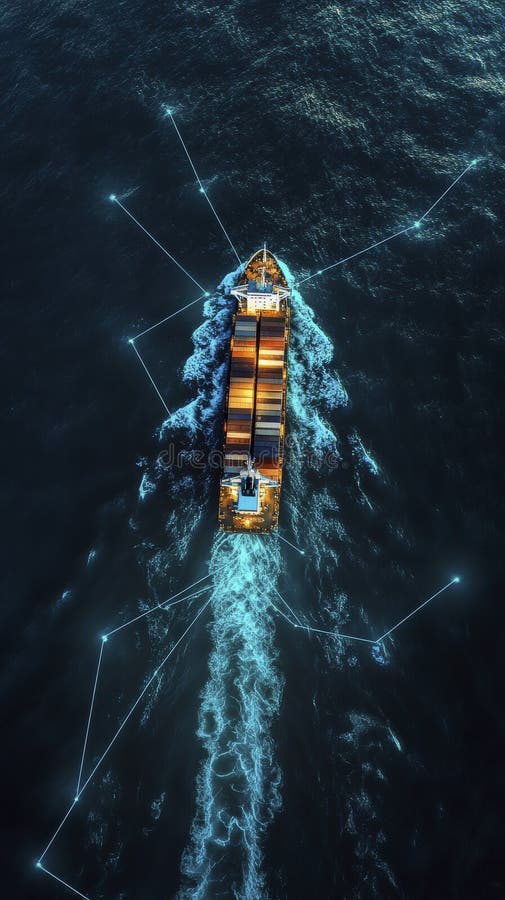 Illuminated Cargo Ship Traverses Networked Ocean Path Stock ...