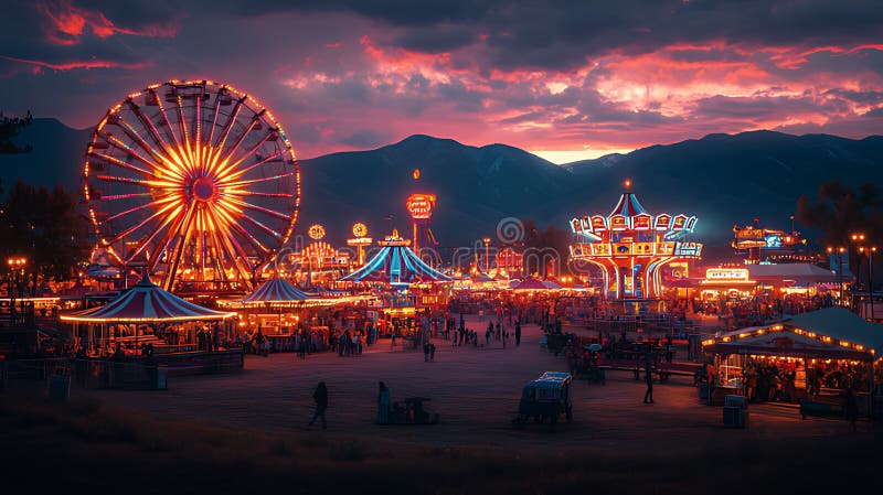 Illuminated Carnival Sunset, Mountain Backdrop, Fairground Fun Stock ...