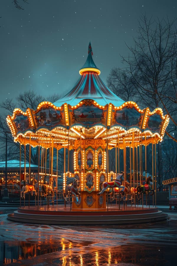 An Illuminated Carousel at Dusk with Glowing Lights Reflecting on the ...