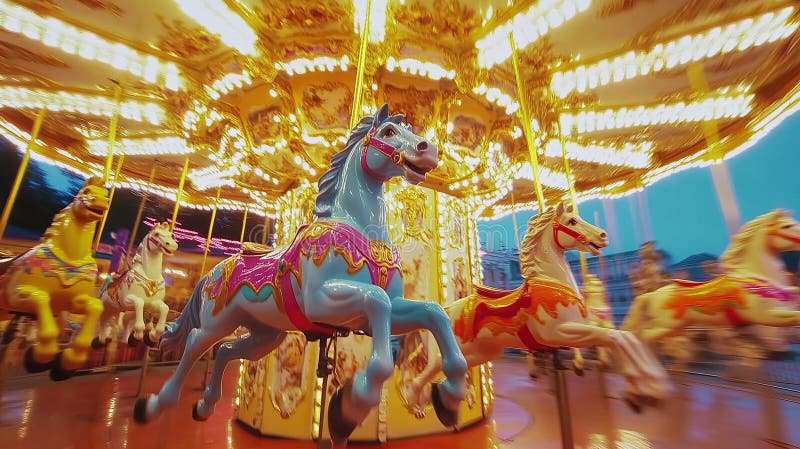 Illuminated Carousel Horses in Motion at Night Stock Illustration - Illustration of spectacle ...