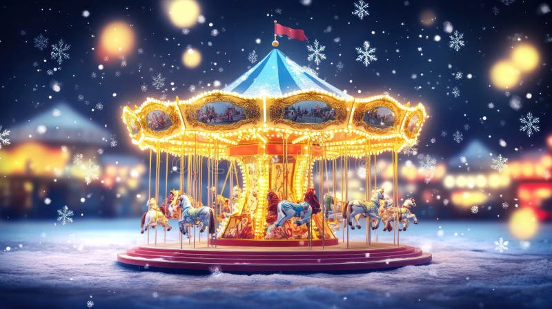Illuminated Carousel in Snowy Winter Wonderland at Night Stock ...
