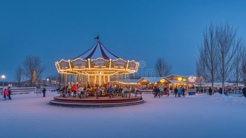 Illuminated Carousel in Snowy Winter Wonderland at Twilight Stock ...