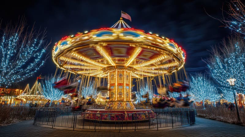 Illuminated Carousel Spinning at Night with Blurred Motion Stock ...