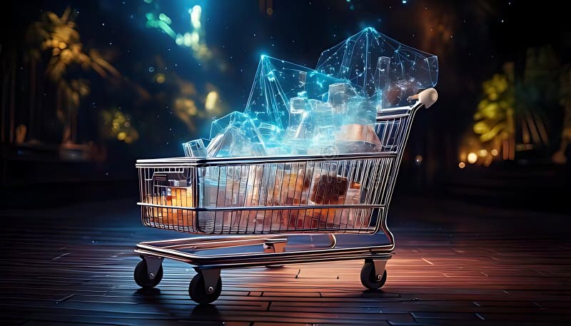 Illuminated Cart with Transparent Packages Linked by Glowing Network ...