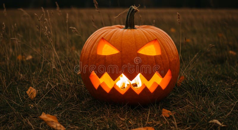 Illuminated Carved Pumpkin in a Field at Night Stock Illustration ...