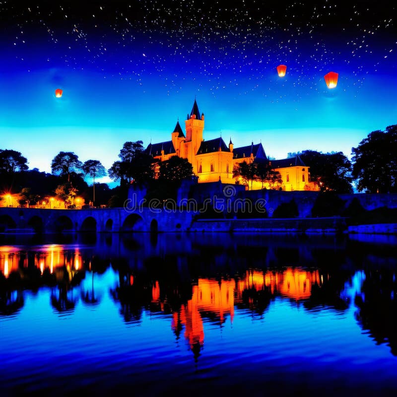Illuminated Castle with Lanterns and Starry Sky Reflection Stock Image ...