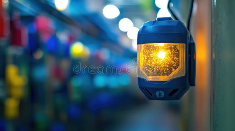 Illuminated Caution Closeup of a Hanging Blue and Yellow Warning Light ...