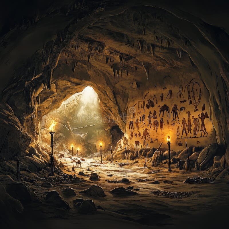 Illuminated Cave with Ancient Paintings and Torches Lighting the Path ...