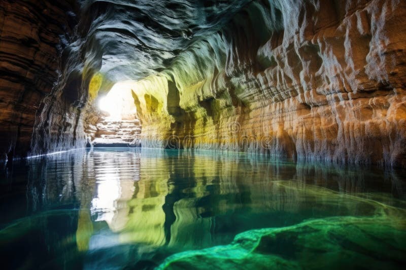 Illuminated Cave Interior with Crystal-clear Water Surface Stock Photo ...