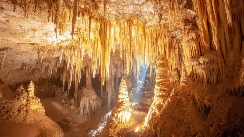 Illuminated Cave Interior with Stalactites and Stalagmites Stock ...