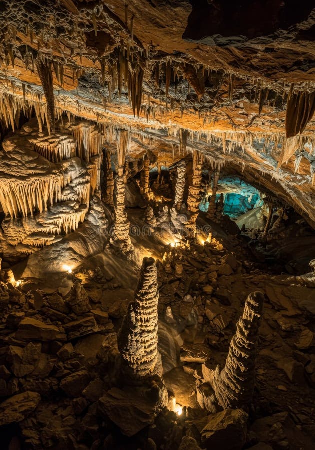Illuminated Cave Interior with Stalactites and Stalagmites Stock ...
