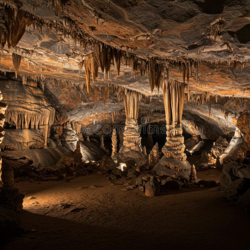 Illuminated Cave Interior with Stalagmites and Stalactites Stock ...