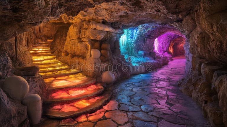 Illuminated Cave Pathway with Colorful Steps Stock Image - Image of ...