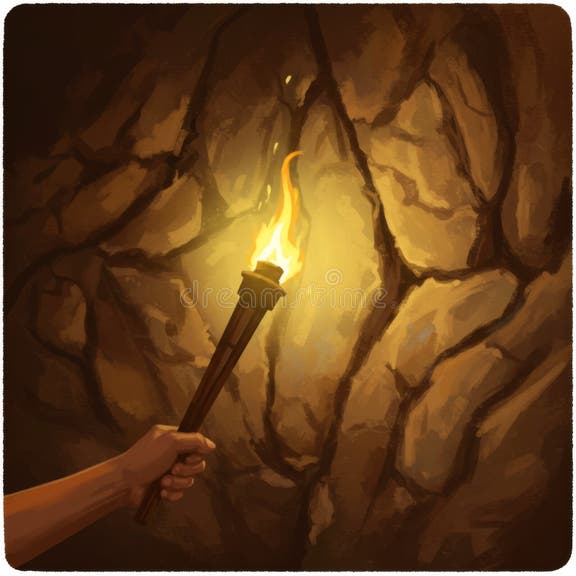 Illuminated Cave Wall with Torch in Hand Emitting Warm Glow Exploration ...