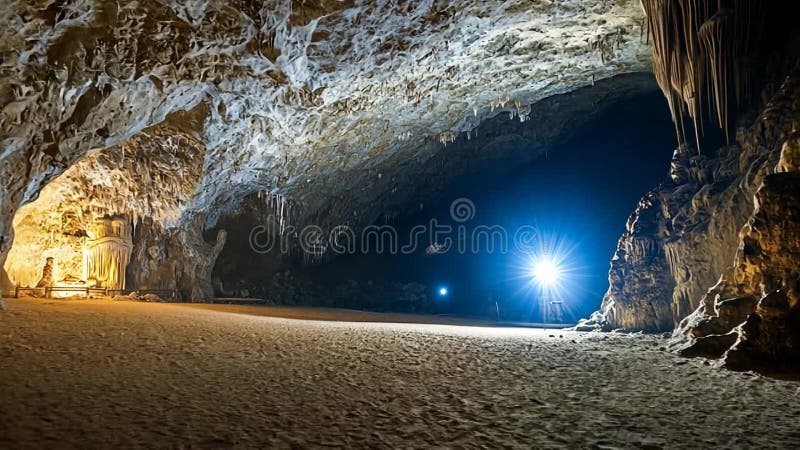 Illuminated Cavern Featuring Intricate Stalactites, Vast Interior Space ...