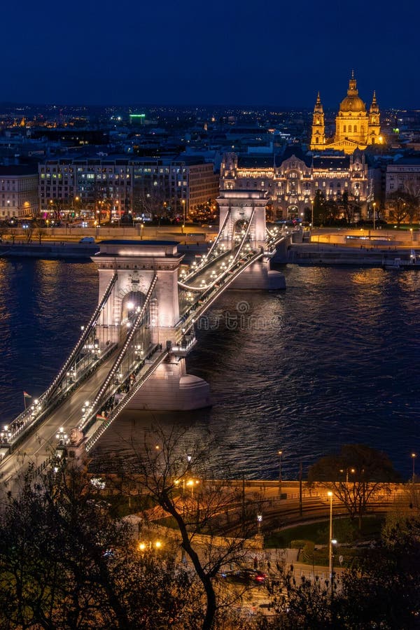 Illuminated Chain Bridge and Basilica in Budapest at Night. Stock Image ...