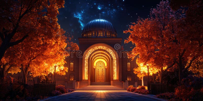 Illuminated Chapel at Dusk Background Stock Illustration - Illustration ...