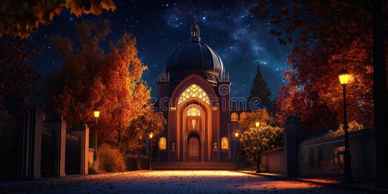 Illuminated Chapel at Dusk Background Stock Illustration - Illustration ...