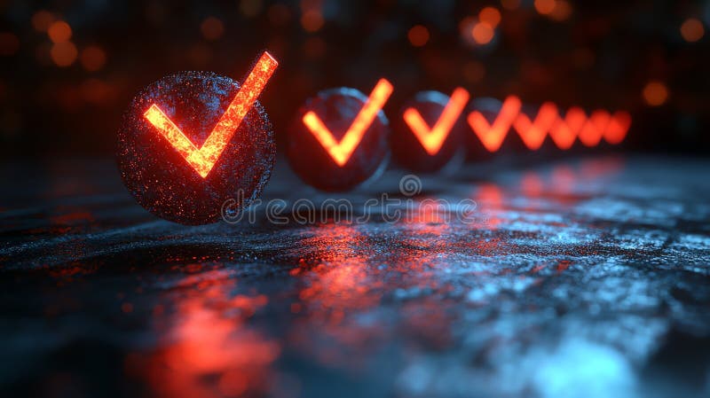 Illuminated Check Marks Glowing in the Dark, Representing Success and ...