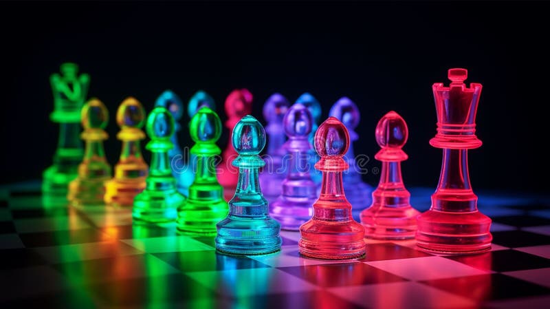 Illuminated Chessboard with Colorful Chess Pieces Arranged on Its ...