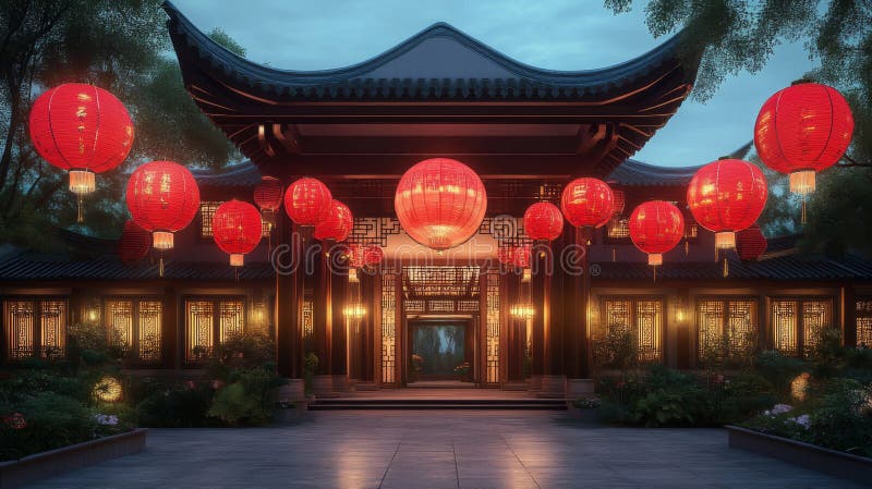 Illuminated Chinese House with Red Lanterns at Night Stock Illustration ...