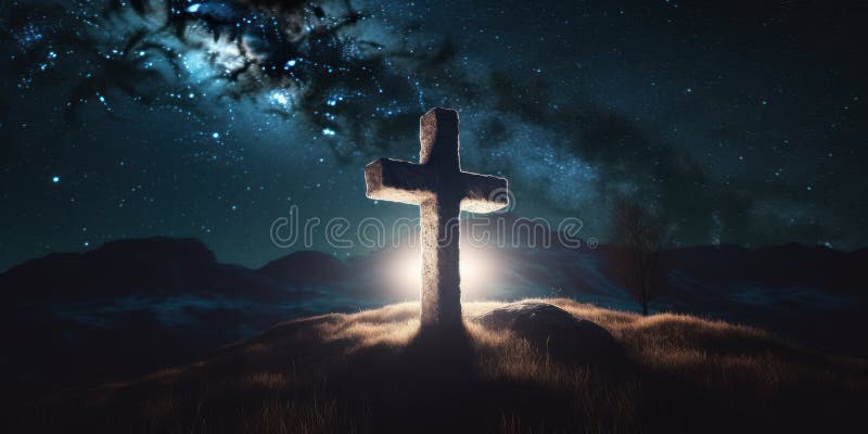 Illuminated Christian Cross and Starry Night. Generative AI Stock ...
