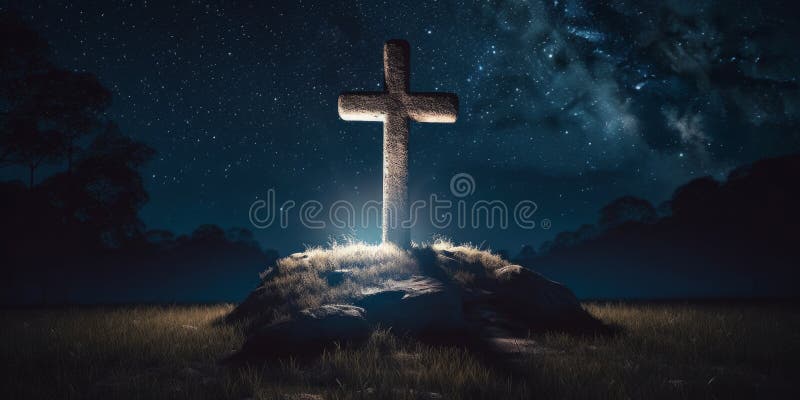 Illuminated Christian Cross and Starry Night. Generative AI Stock ...