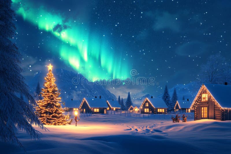 Illuminated Christmas Tree and Cabins Under Aurora Borealis Stock ...
