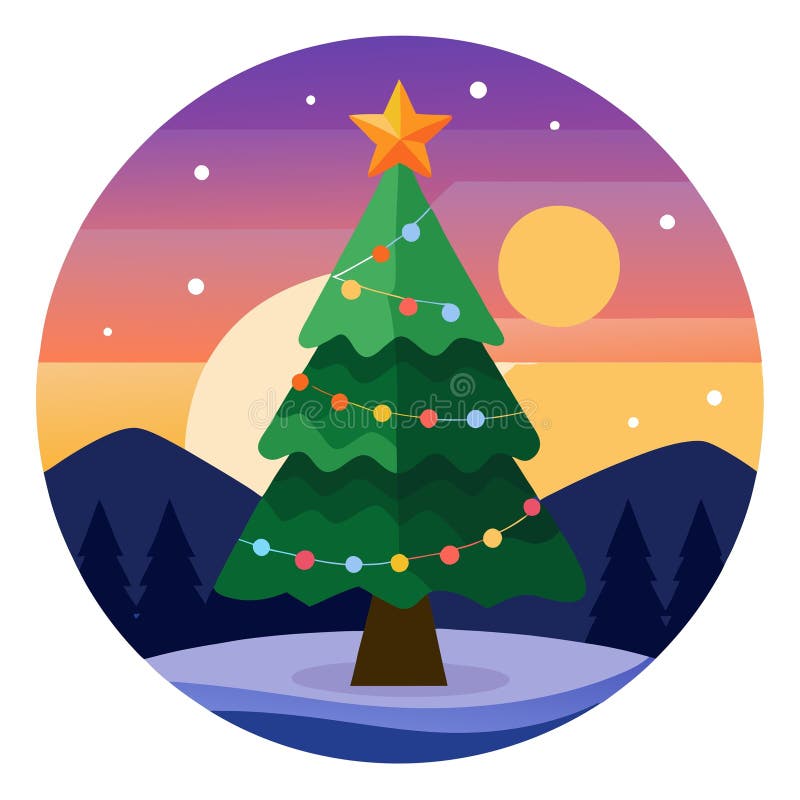 The Illuminated Christmas Tree in a Landscape at Sunset Stock Vector ...