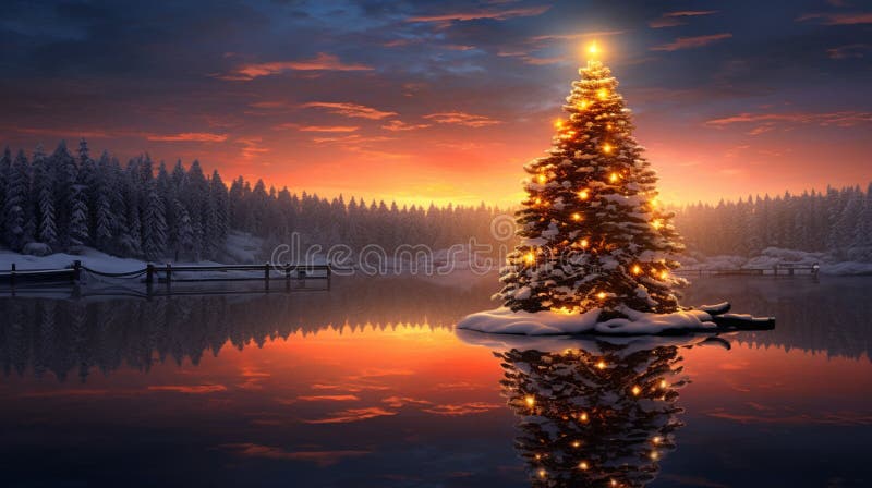 The Illuminated Christmas Tree in a Landscape at Sunset Stock ...