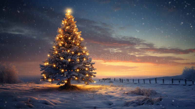 The Illuminated Christmas Tree in a Landscape at Sunset Stock ...