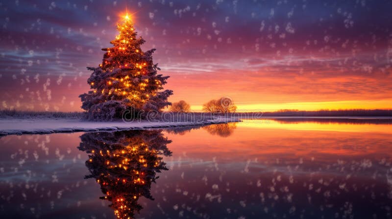 The Illuminated Christmas Tree in a Landscape at Sunset Stock ...