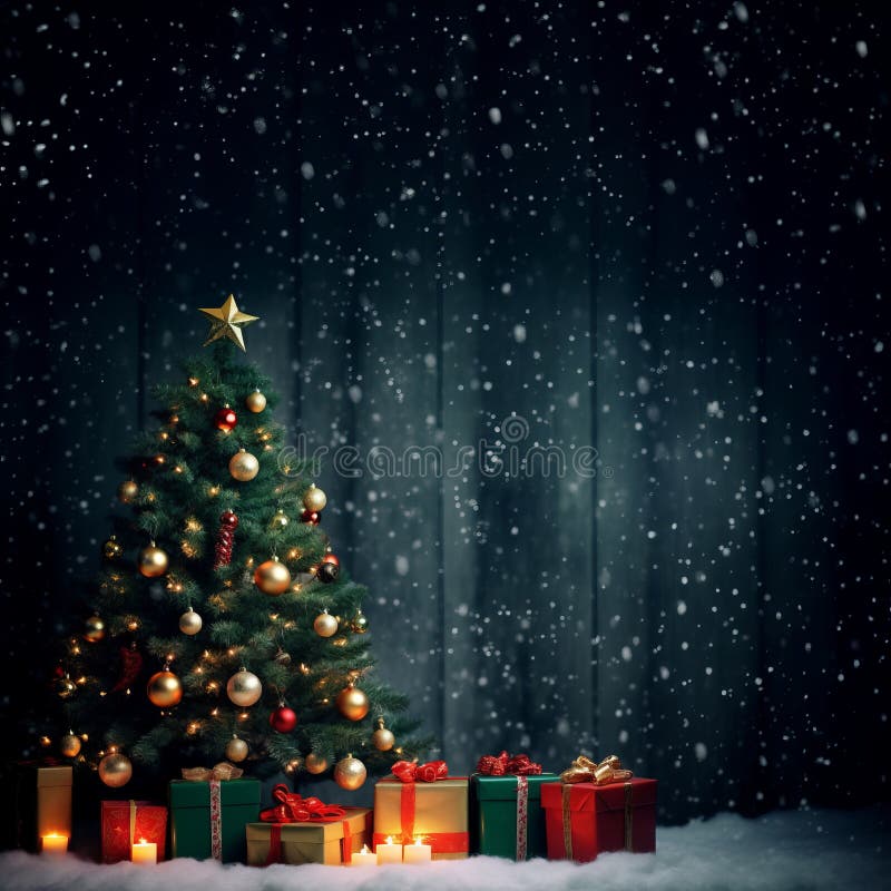 Illuminated Christmas Tree with Presents in the Snow at Night. Created ...