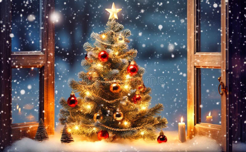 Illuminated Christmas Tree with Snow Interior Background, Winter Window ...