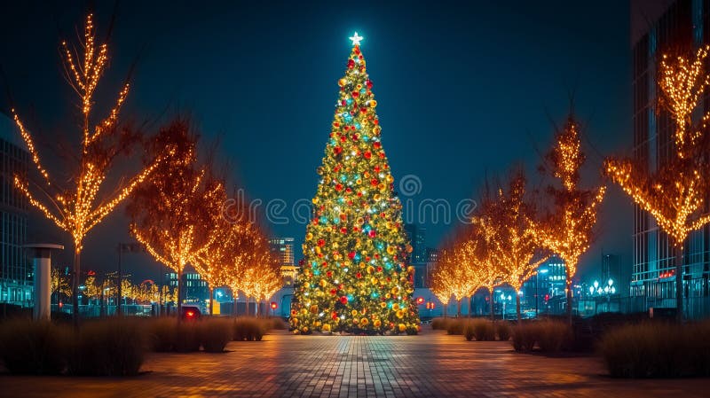 Illuminated Christmas Tree in the Town Square. AI Generated Stock ...