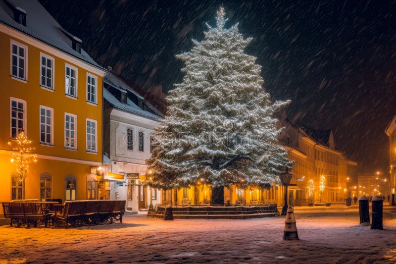Illuminated Christmas Tree at Town Square. AI Generated Stock ...