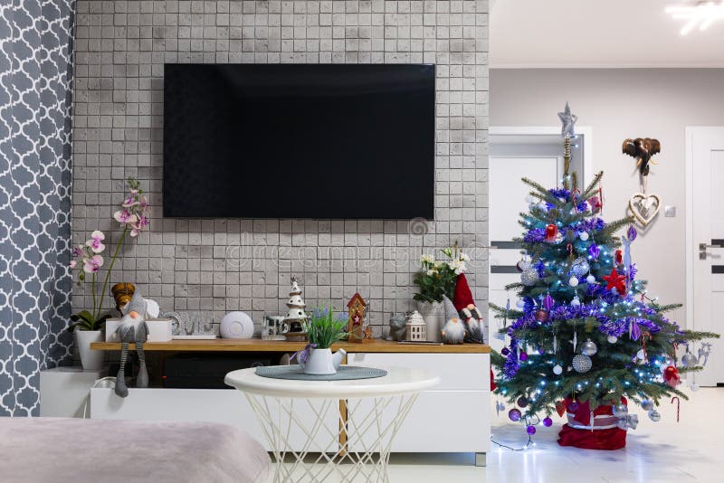 Illuminated Christmas Tree at the TV Stock Image - Image of curtains ...